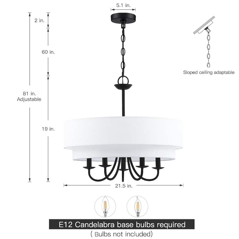 Martina 5-Light Black Chandelier Light with White Double Drum Shade ...